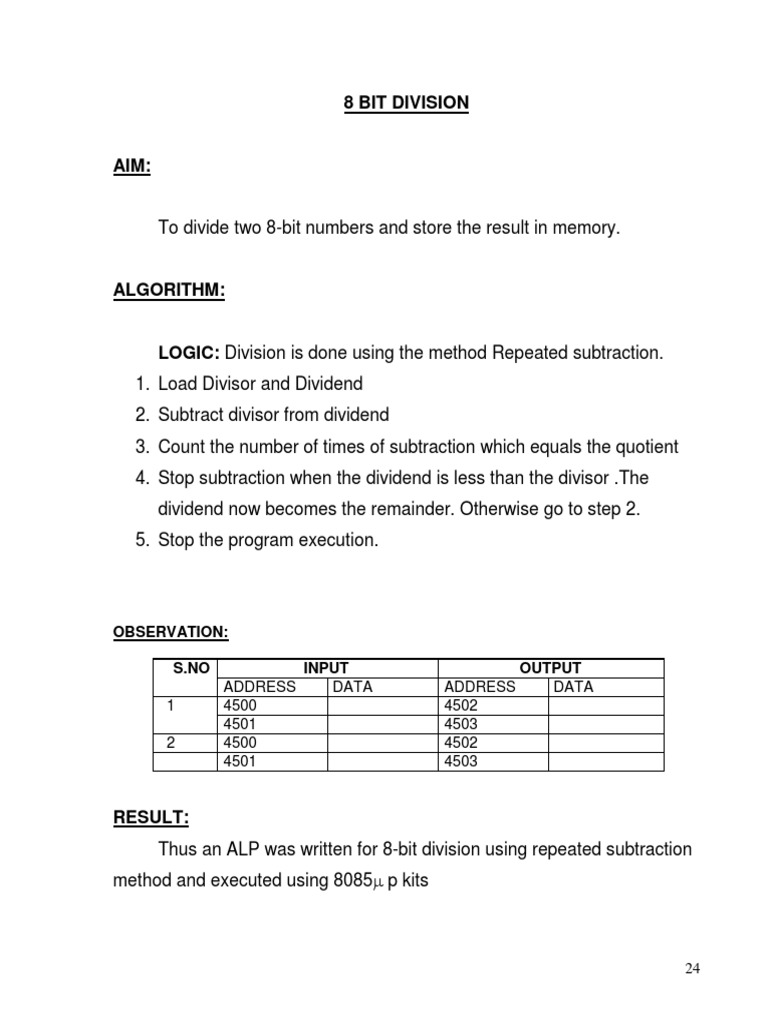 8 Bit Division: Observation: S.No Input Output | PDF | Division ...