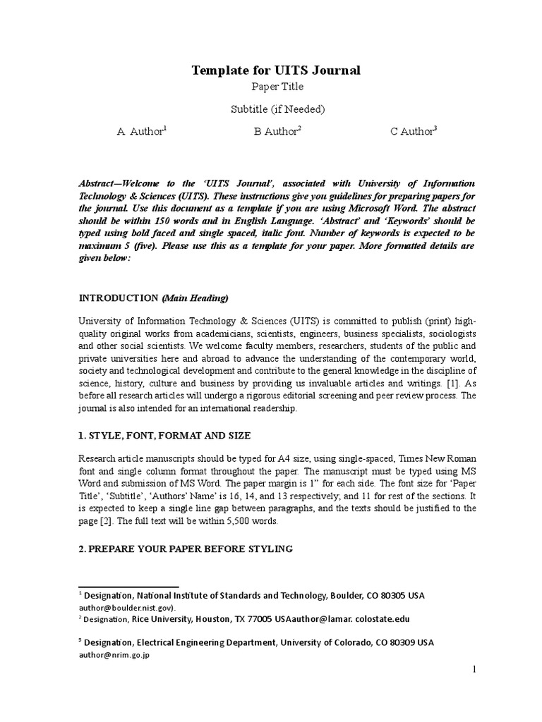 Template For UITS Journal: Paper Title Subtitle (If Needed) A Author B ...