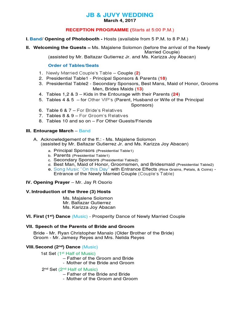 JB & Juvy Wedding: RECEPTION PROGRAMME (Starts at 5:00 P.M.) | PDF ...