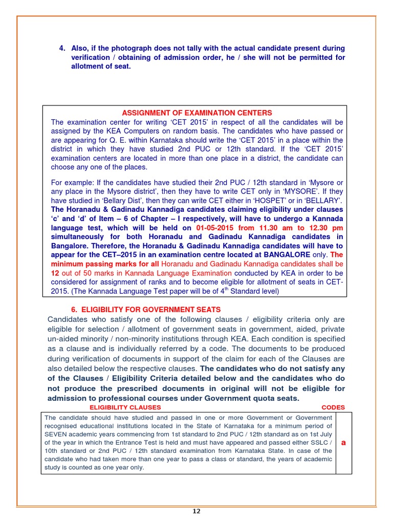 Assignment of Examination Centers: Eligibility Clauses Codes | PDF ...
