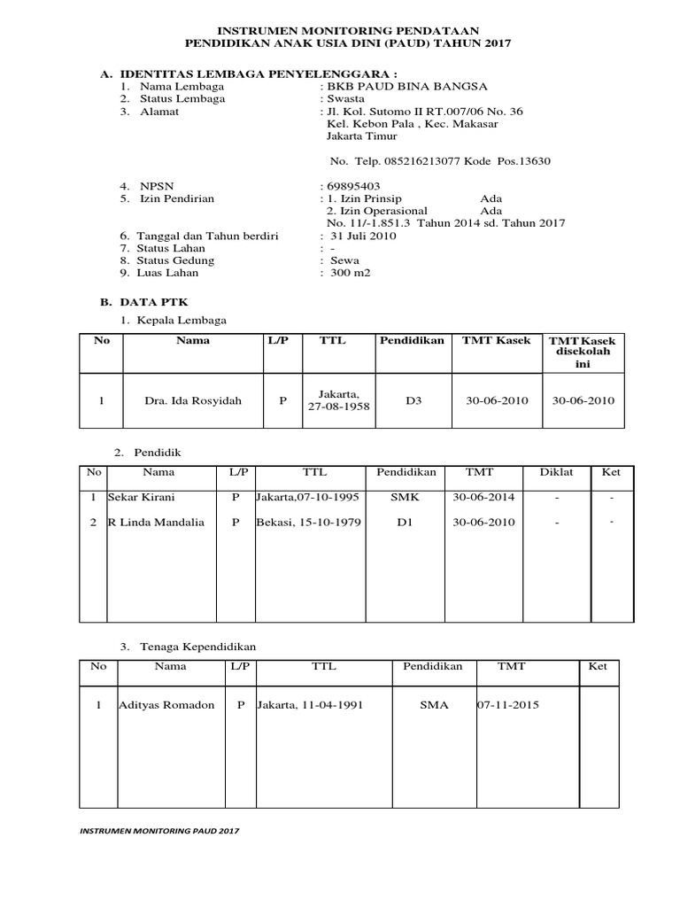 Instrumen Monitoring BKB Paud Bina Bangsa | PDF
