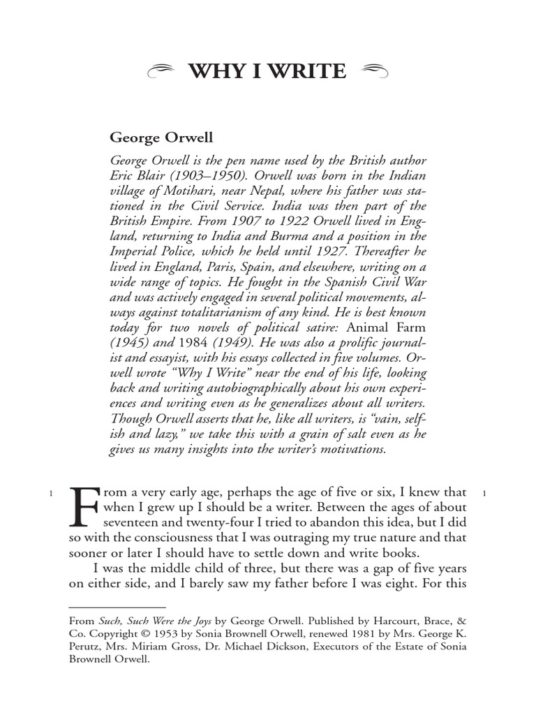 Why I Write: George Orwell | PDF | George Orwell | Writers