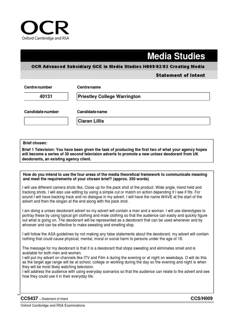 Media Studies: Statement of Intent | PDF | Advertising | Communication