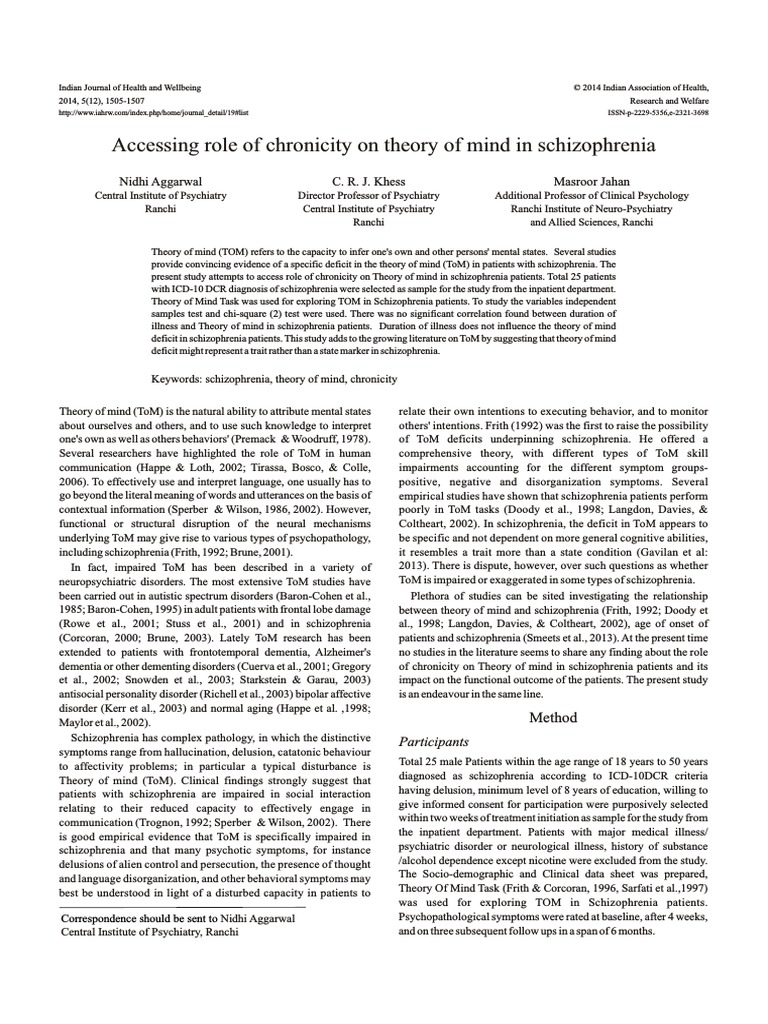 Nidhi PDF | Download Free PDF | Theory Of Mind | Schizophrenia