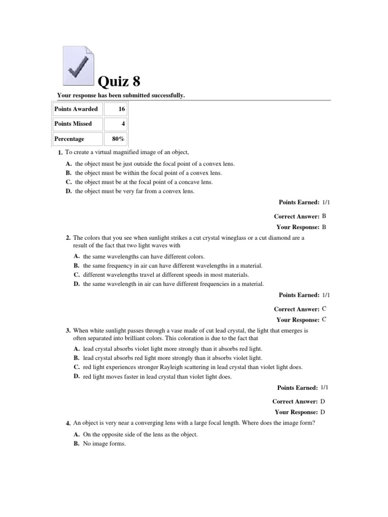 Quiz 8 | PDF | Lens (Optics) | Optical Fiber