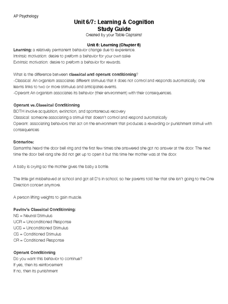 Unit 6 - 7 Study Guide | PDF | Reinforcement | Classical Conditioning