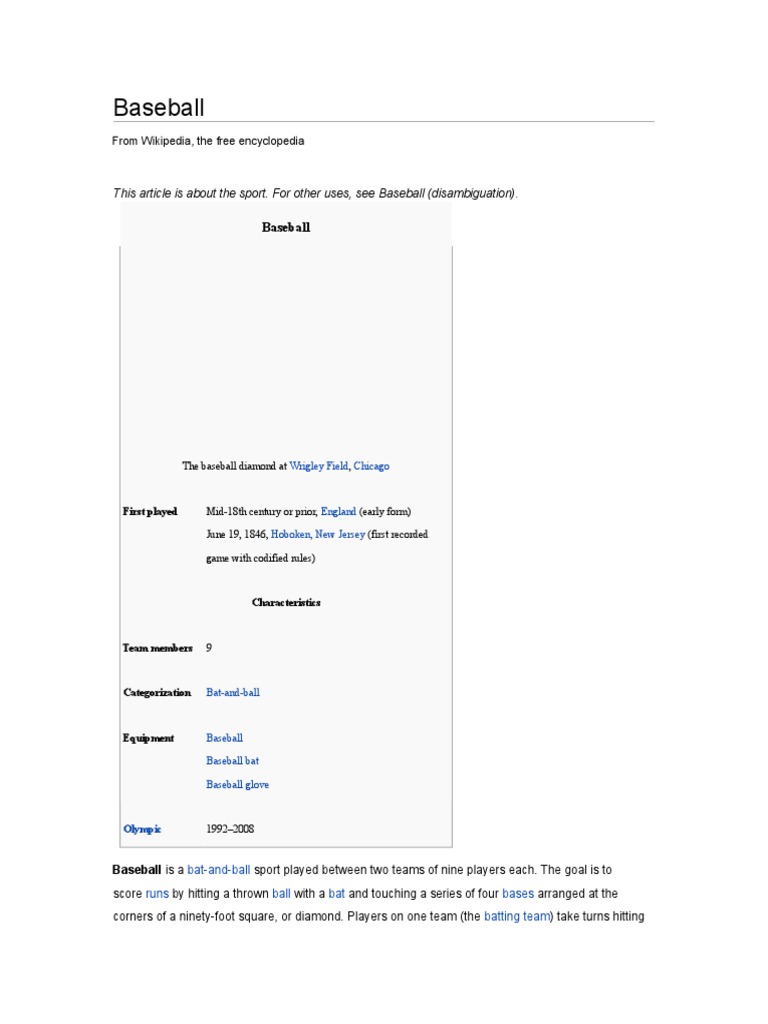 Baseball: This Article Is About The Sport. For Other Uses, See Baseball ...