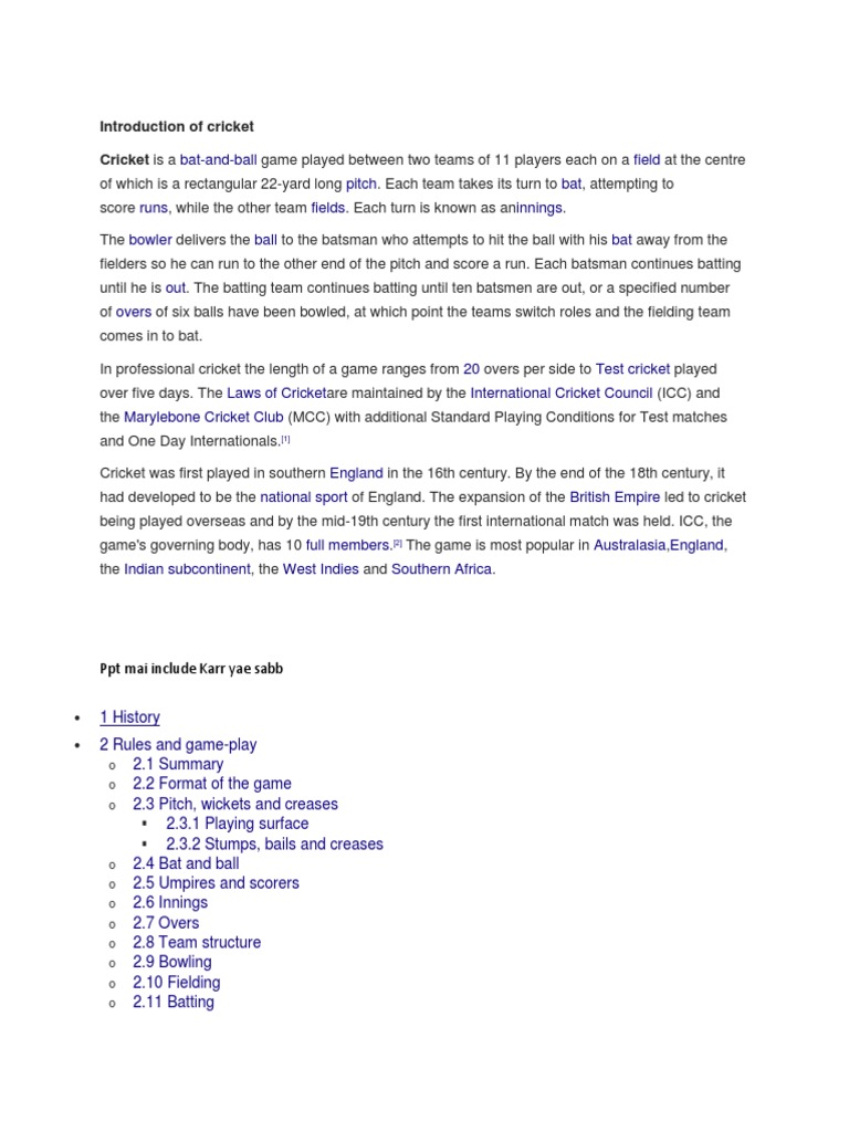 Introduction of Cricket | PDF | Cricket | Bowling (Cricket)