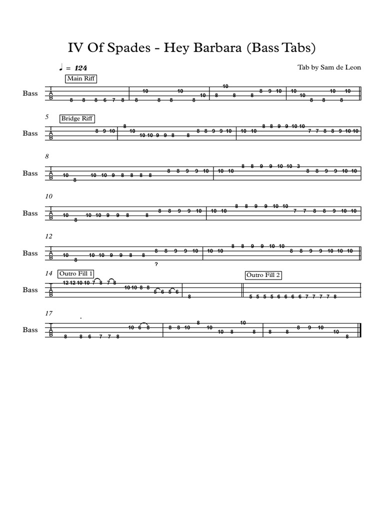 IV of Spades - Hey Barbara (Bass Tabs) | PDF | Musical Groups