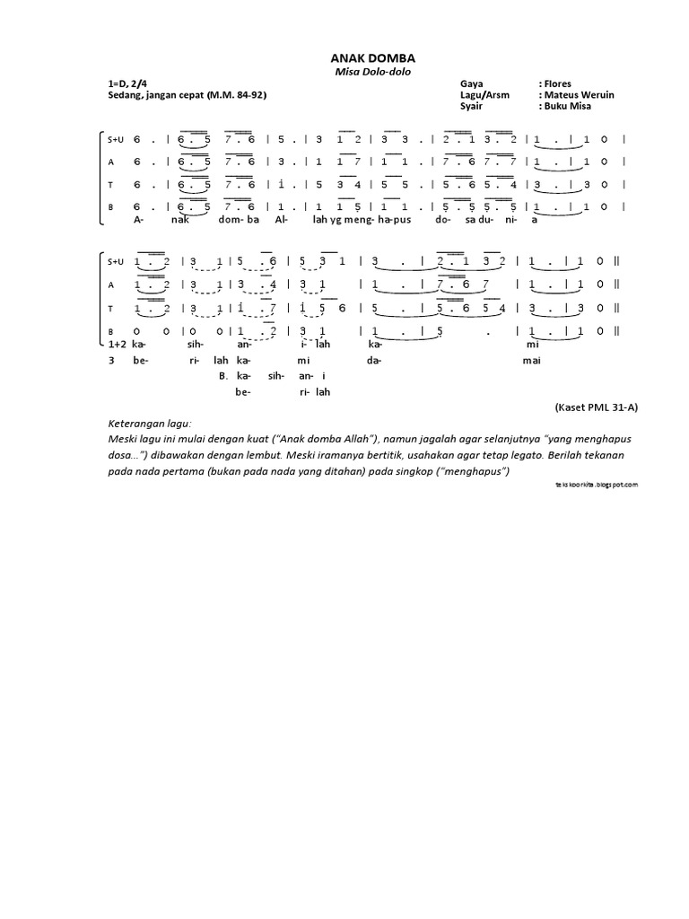Lirik dan Partitur Anak Domba Allah | PDF