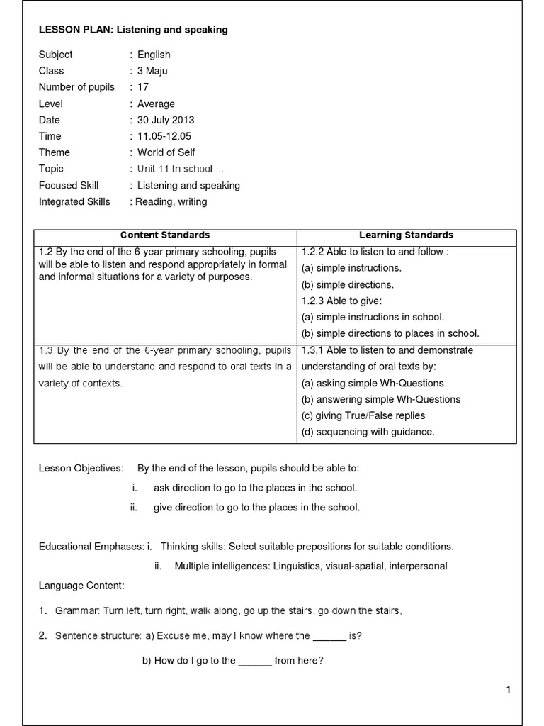 LESSON PLAN: Listening and Speaking | PDF | Question | Neuropsychology