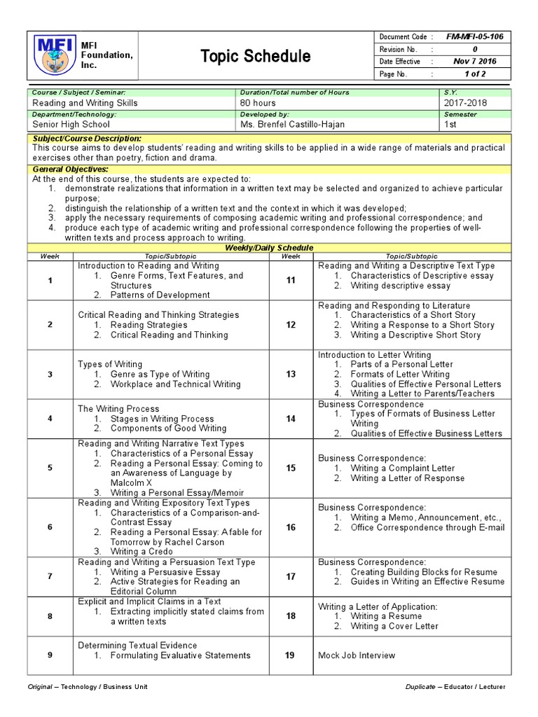 Topic Schedule Reading and Writing | PDF | Essays | Genre