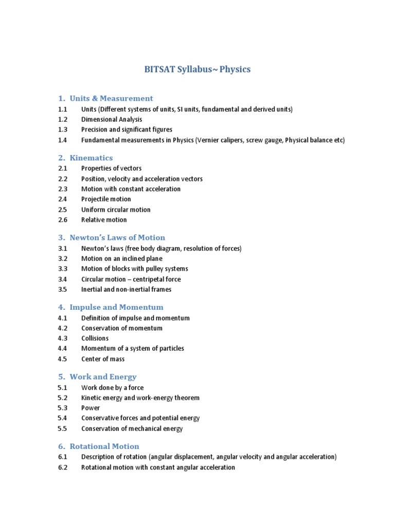 Bitsat Physics Syllabus | PDF | Momentum | Rotation Around A Fixed Axis