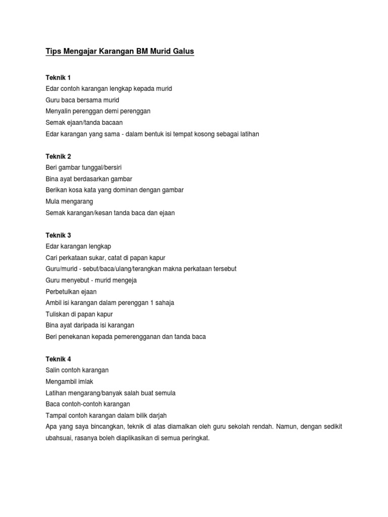 Tips Mengajar Karangan BM Murid Galus | PDF
