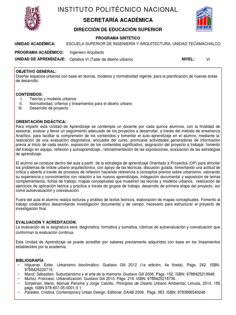 Opt VI Taller de Dise o Urbano | PDF | Maestros | Evaluación