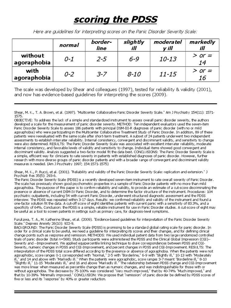 Panic, Assessment Pdss, Scoring (1) | Panic Disorder | Validity ...