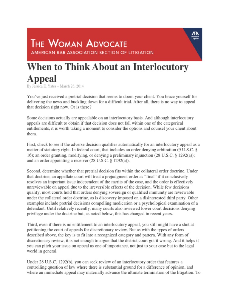 WhenToThinkAboutAnInterlocutoryAppeal Yates | PDF | Interlocutory ...