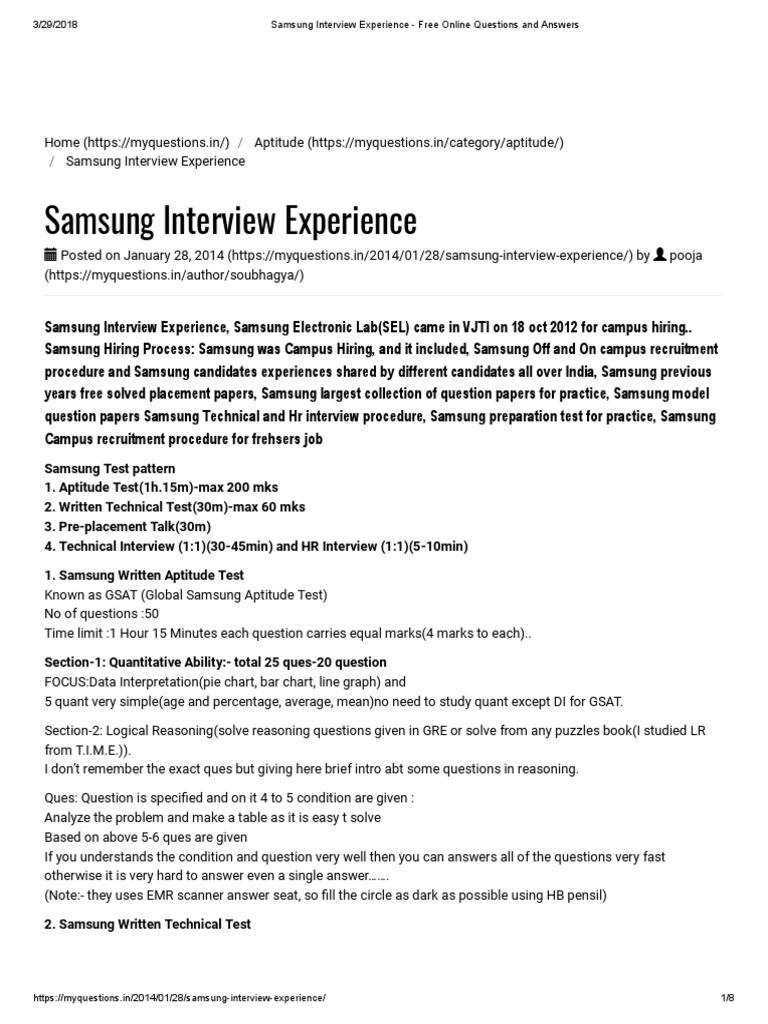 Samsung Interview Experience - Free Online Questions and Answers PDF ...