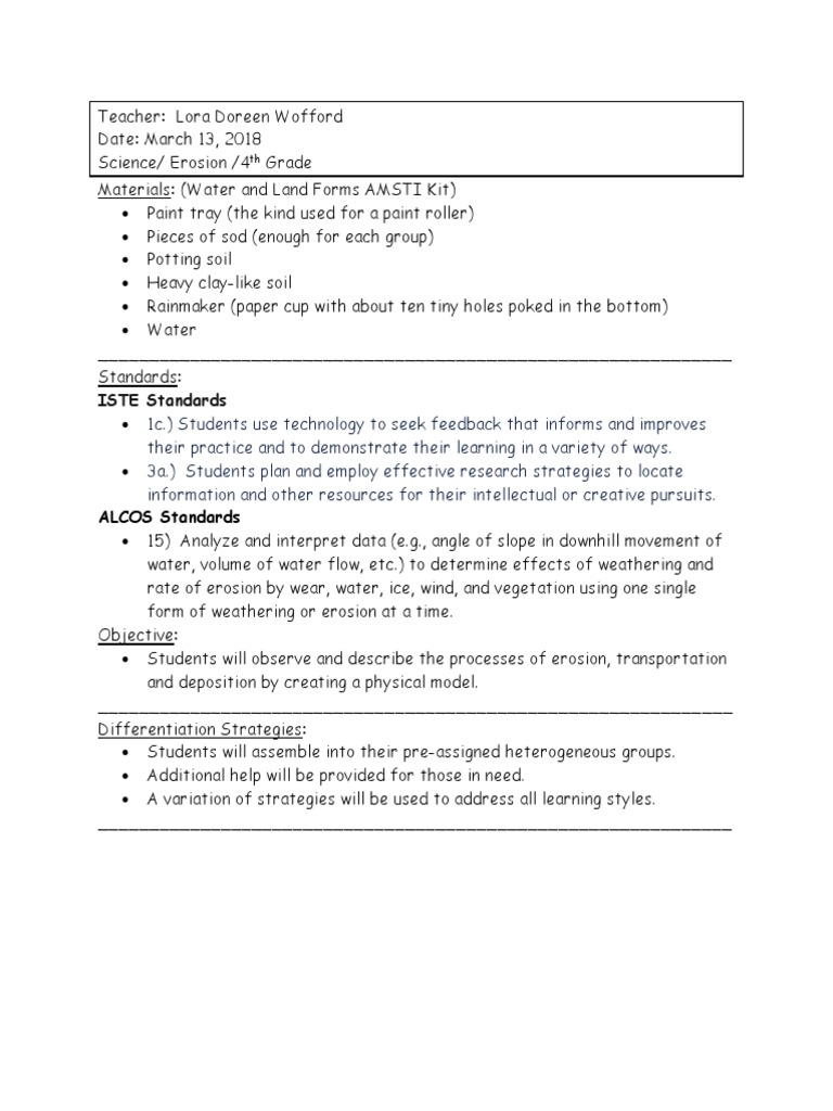 Erosion Lesson Plan for 4th Grade | PDF | Educational Assessment | Erosion