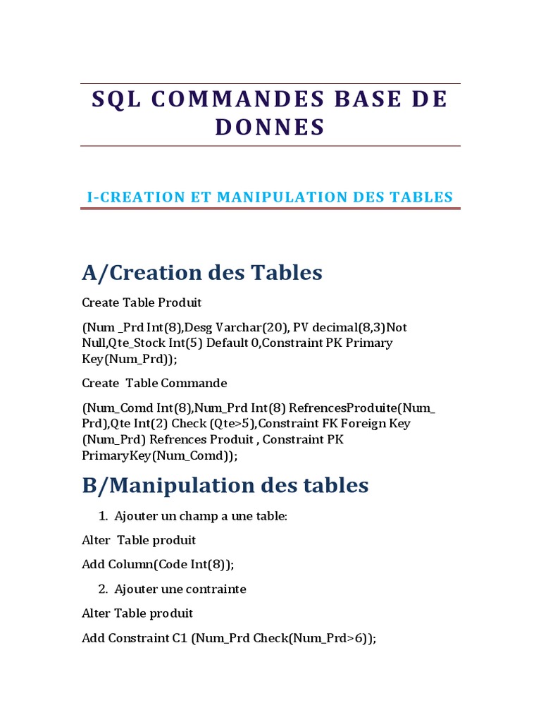 SQL Commandes Base de Donnes: A/Creation Des Tables | PDF