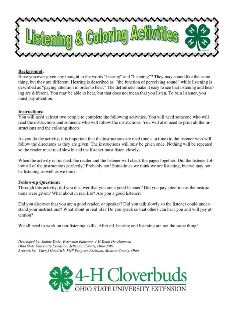 Cloverbuds Listening and Coloring Activity PDF | PDF | Color