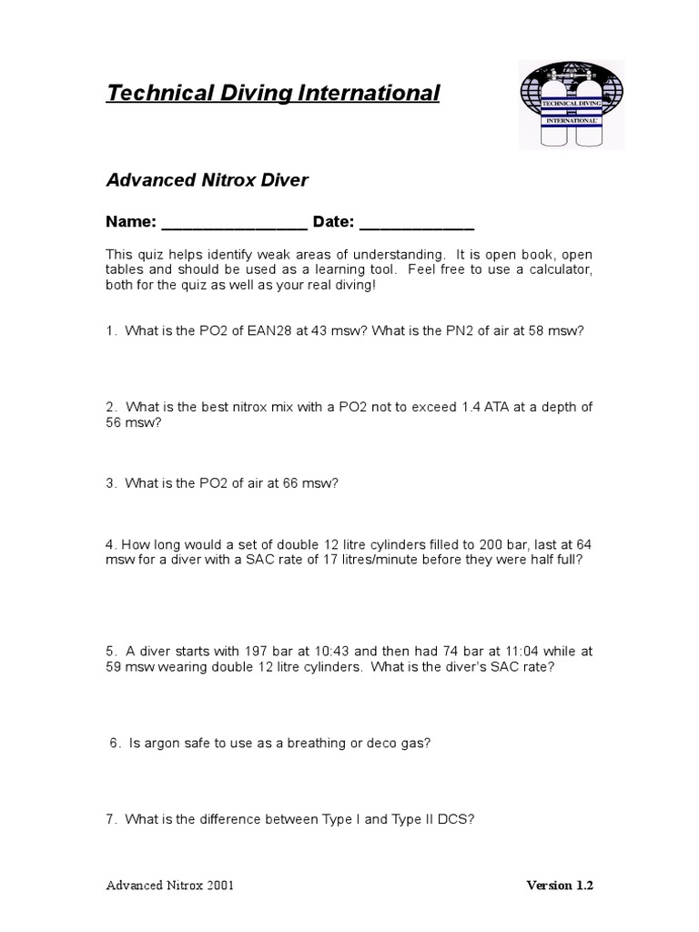 Advanced Nitrox Diver Quiz Answer Sheet | PDF | Underwater Diving ...