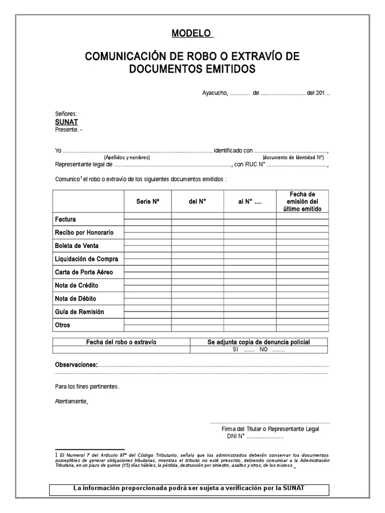 Modelo de Comunicacion de Robo o Extravio de Documentos Emitidos | PDF