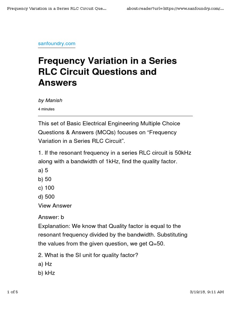 Questions On Resonance in AC Circuits | PDF | Inductor | Electrical Network