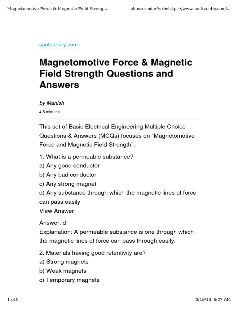Magnetomotive Force MCQs and Answers | PDF | Ferromagnetism | Magnetism