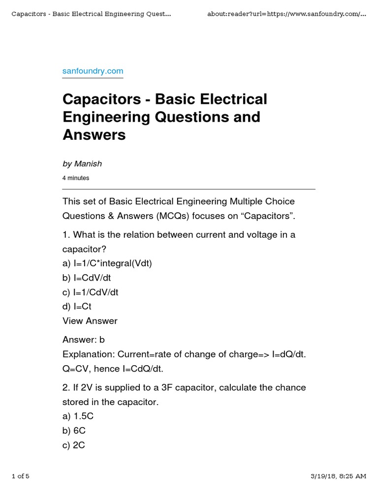 Questions & Answers On Capacitance and Capacitors | PDF | Series And ...