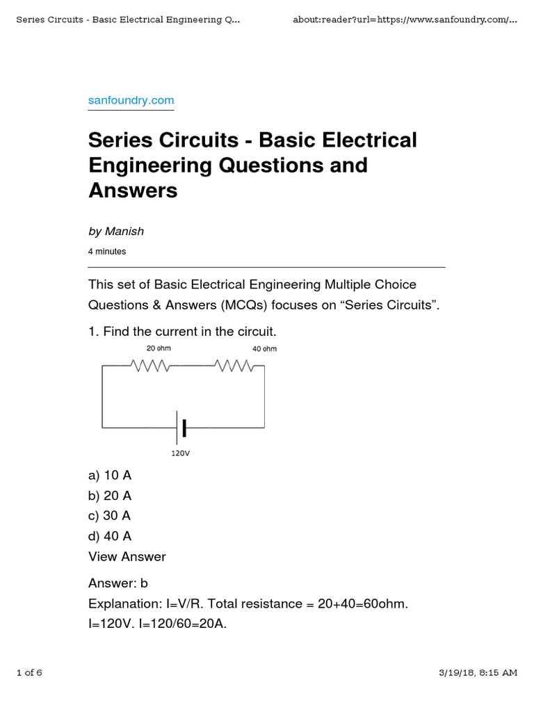 Series and Parallel Circuit MCQs | PDF | Series And Parallel Circuits ...
