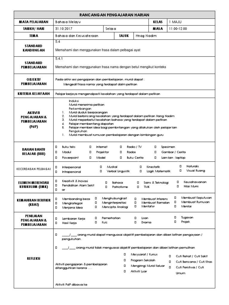 Contoh - Tapak RPH BM KSSM t1 t2 2018 | PDF