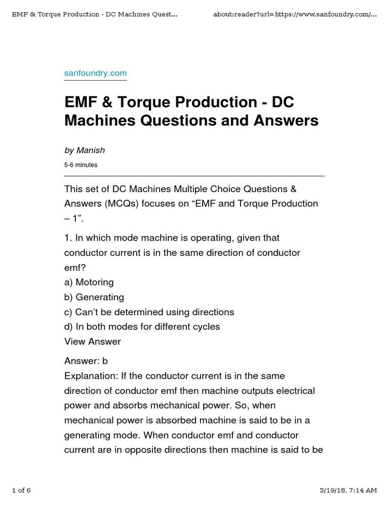 Questions & Answers On Circuit Model, Emf and Torque | PDF | Electric ...