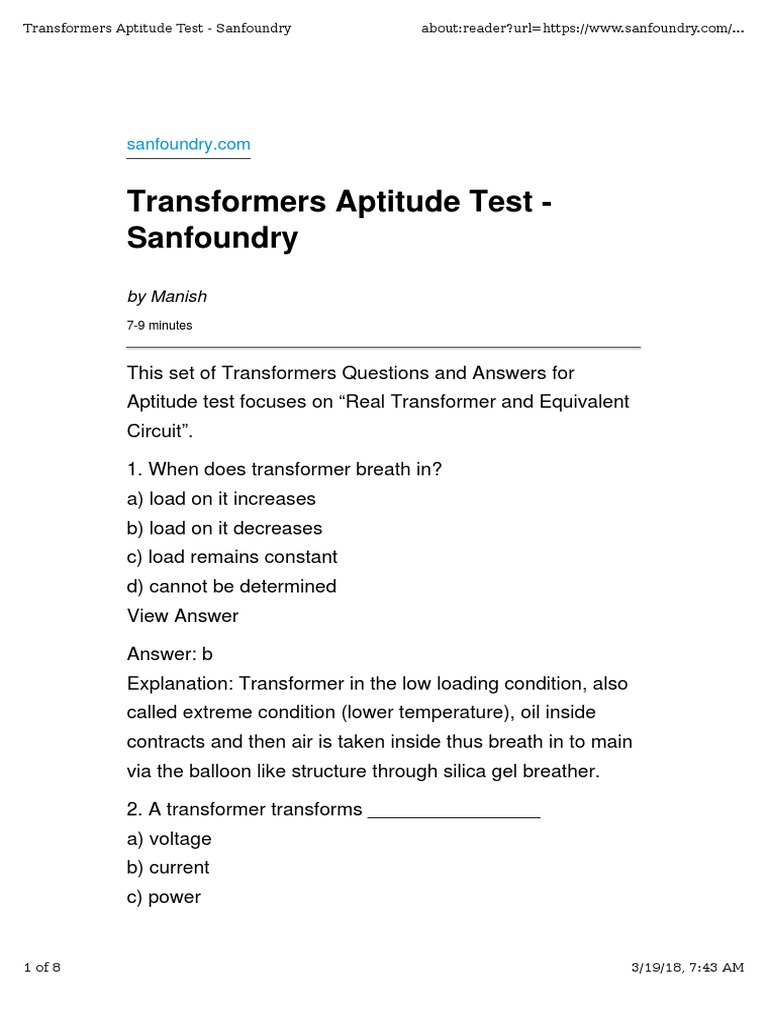 Transformers Aptitude Test Questions | PDF | Transformer | Inductor