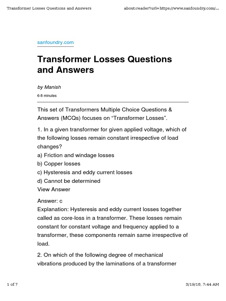 Questions On Transformer Losses & Testing | PDF | Transformer | Inductance