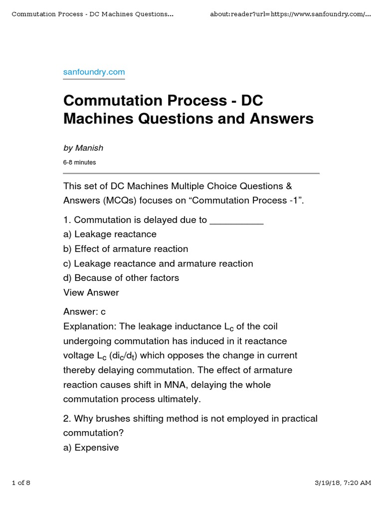 Questions & Answers On Commutation Process & Excitation Methods | PDF ...