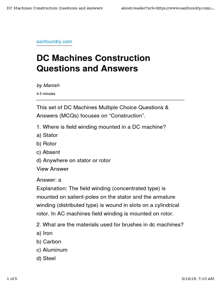 Questions & Answers On DC Machines | PDF | Electric Motor | Rectifier