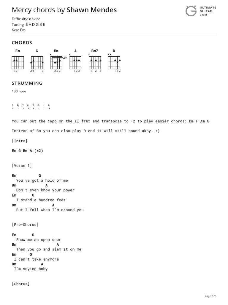 Mercy Chords by Shawn Mendestabs at Ultimate Guitar Archive | PDF ...