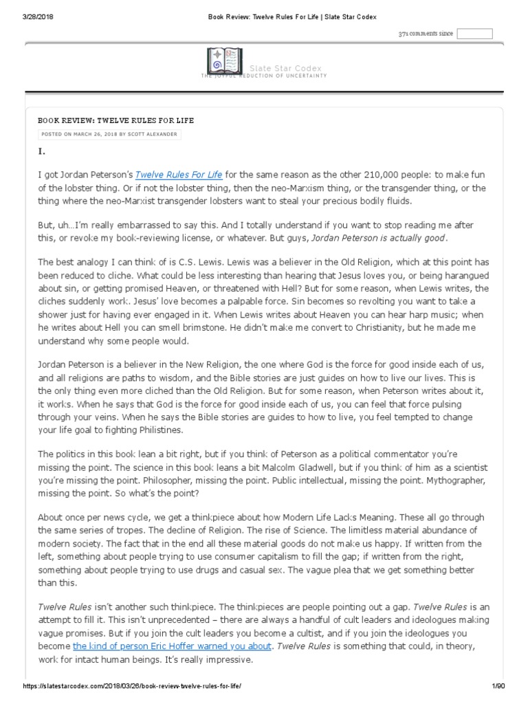 Book Review - Twelve Rules For Life - Slate Star Codex | PDF ...