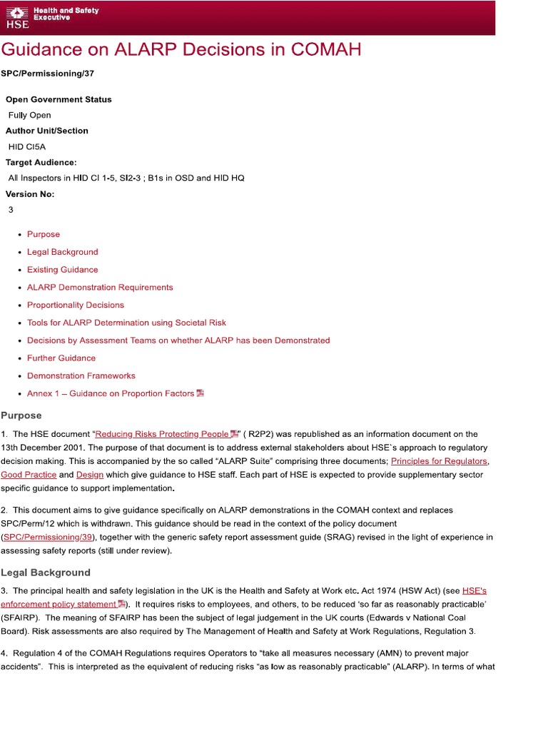 Guidance On ALARP Decisions in COMAH-HSE | PDF