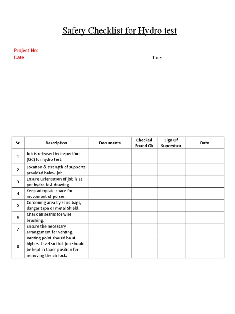 Hydro Test Checklist | PDF | Pipe (Fluid Conveyance) | Hydraulics
