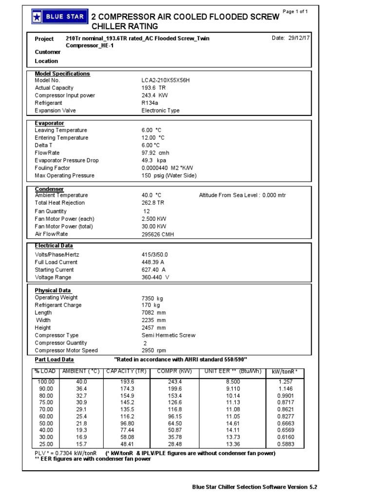 Chiller Selection Report - 210TR Nominal - 193.6TR Rated - Twin Circuit ...