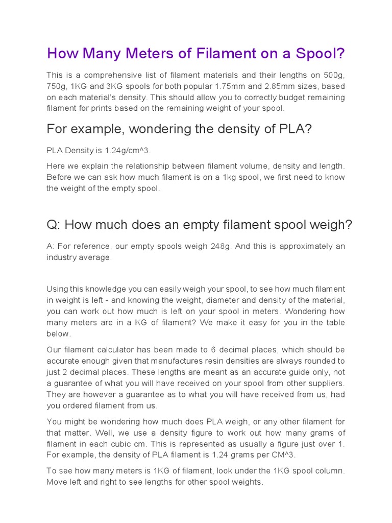 Filament Lengths on 1kg Spools | PDF | Density | Quantity