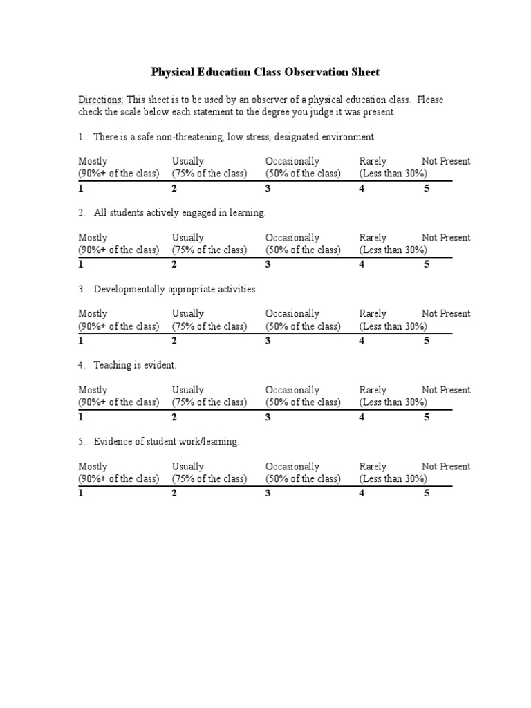 Physical Education Class Observation Sheet | PDF | Students | Teachers