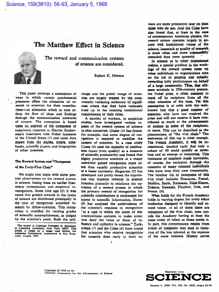 Merton. 1968. the Matthew Effect in Science | Scientist | Scientific Method