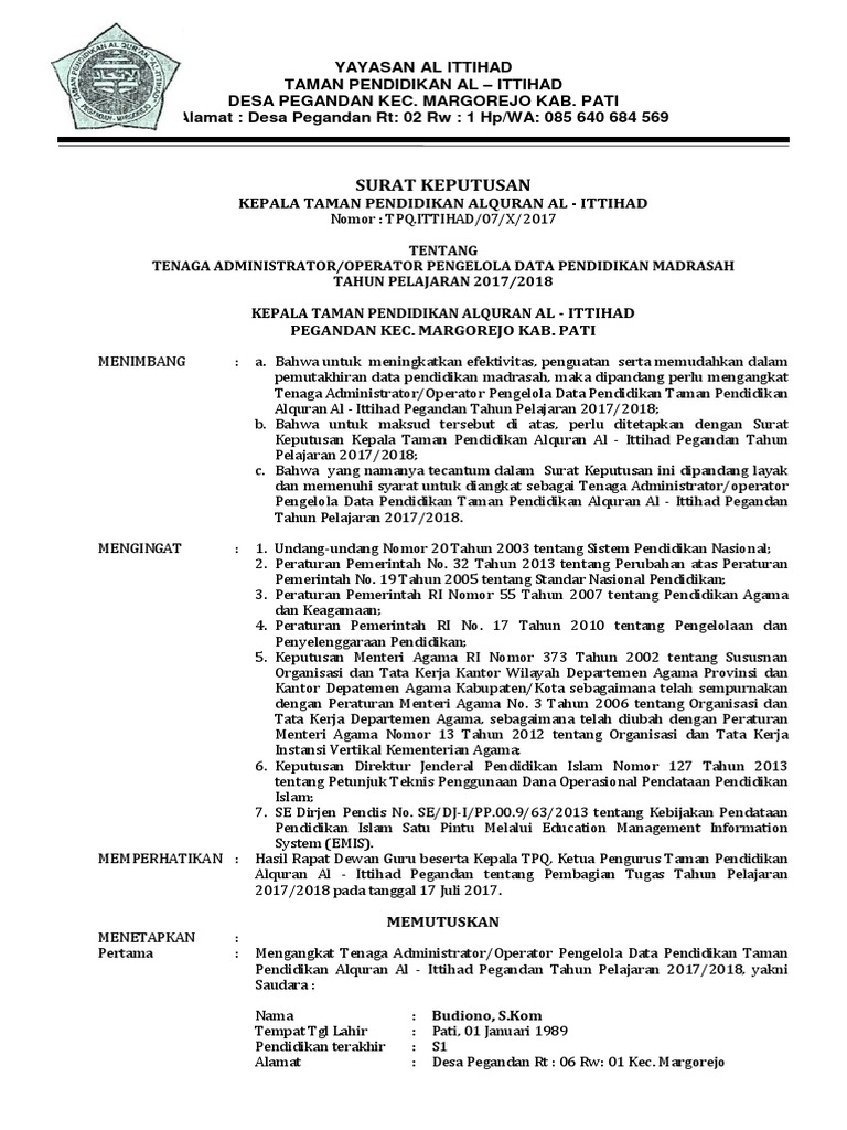 Contoh SK Operator TPQ | PDF