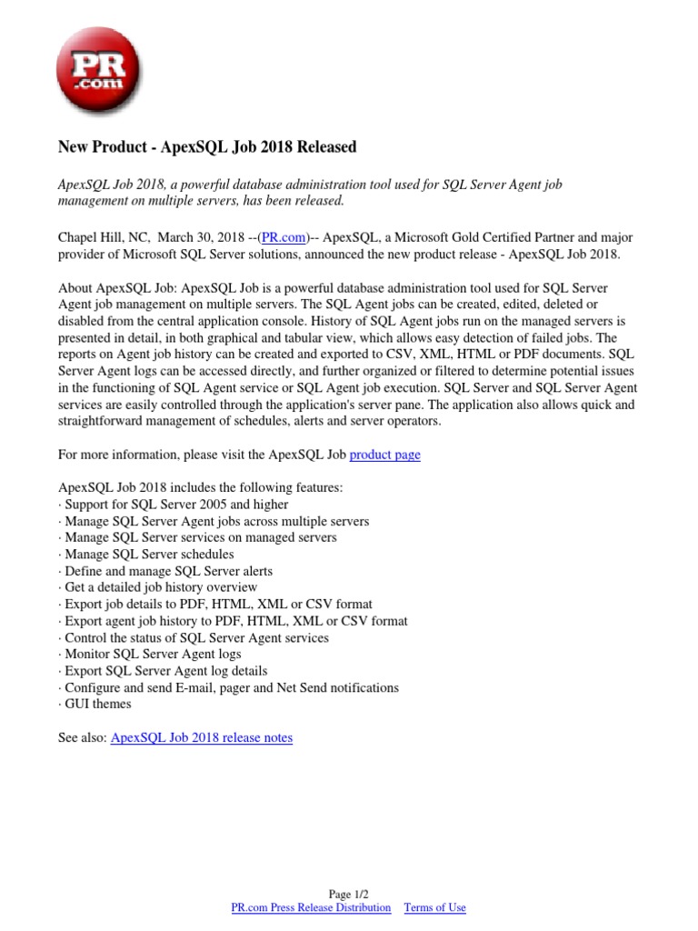 New Product - ApexSQL Job 2018 Released | PDF | Microsoft Sql Server ... New Product - ApexSQL Job 2018 Released | PDF | Microsoft Sql Server ...
