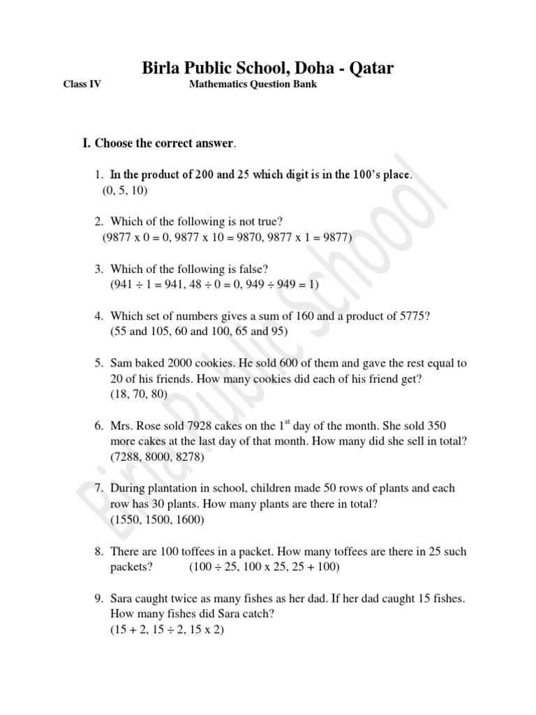 Mathematics - Question Bank | PDF | Division (Mathematics) | Multiplication