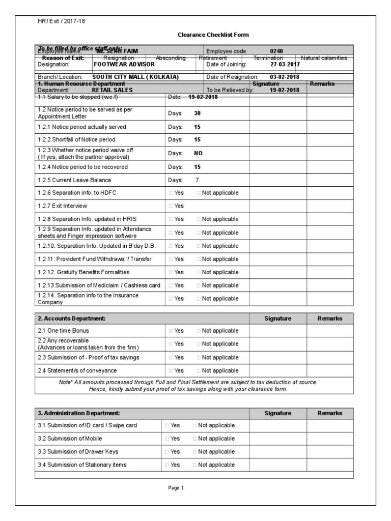 HR Clearance Checklist for Mr. SEKH Documenting his Resignation from ...