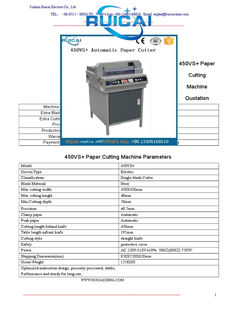 450VS+ Paper Cutting Machine Quotation | PDF | Paper | Knife